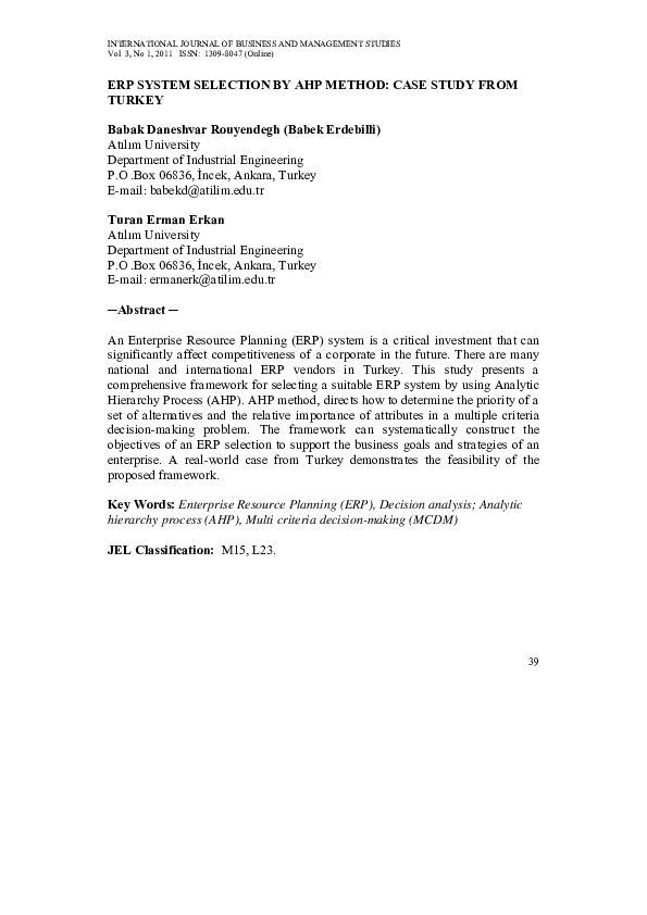 (PDF) Erp System Selection By Ahp Method: Case Study From Turkey