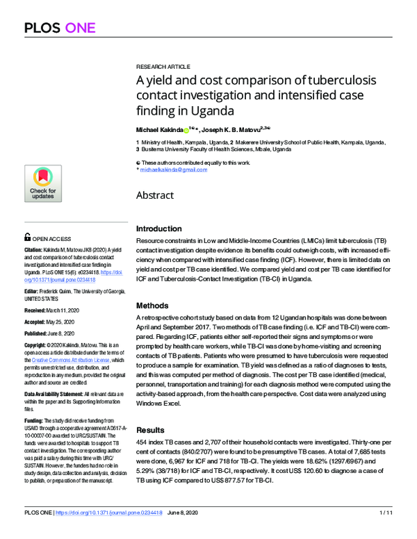 (PDF) A yield and cost comparison of tuberculosis contact investigation and intensified case ...
