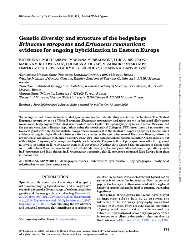 (PDF) Genetic diversity and structure of the hedgehogs Erinaceus ...