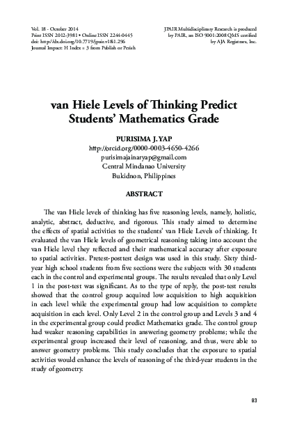 (PDF) van Hiele Levels of Thinking Predict Students’ Mathematics Grade