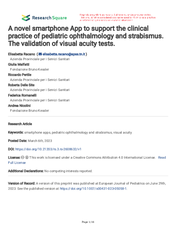 (PDF) A novel smartphone App to support the clinical practice of pediatric ophthalmology and ...