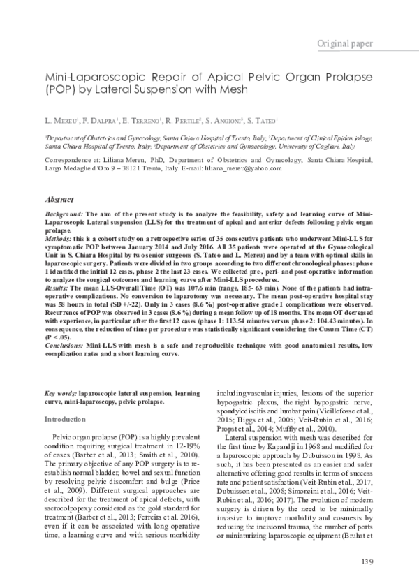 (PDF) Mini-Laparoscopic Repair of Apical Pelvic Organ Prolapse (POP) by ...