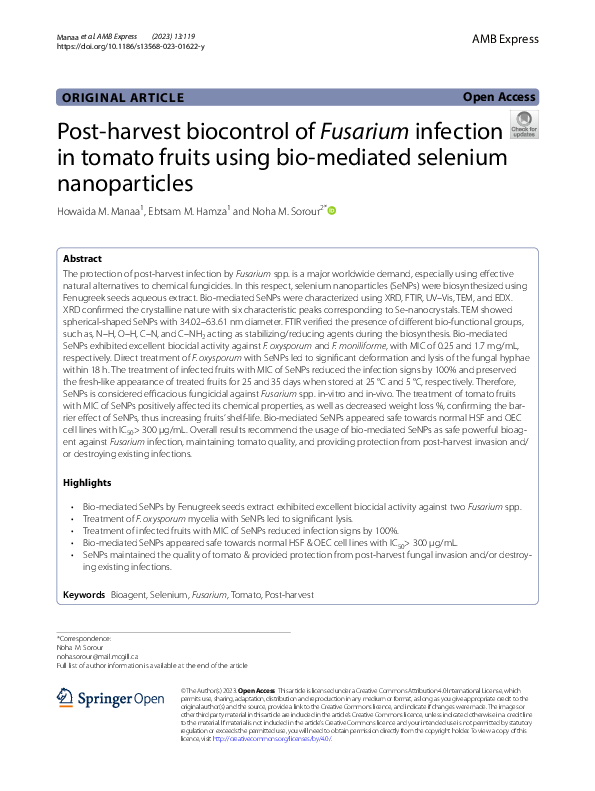 (PDF) Post-harvest biocontrol of Fusarium infection in tomato fruits using bio-mediated selenium ...