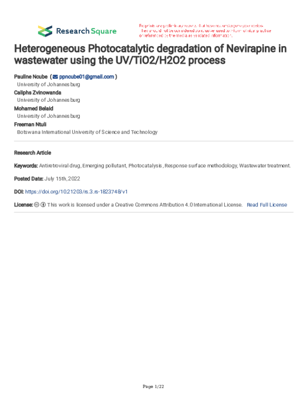 (PDF) Heterogeneous Photocatalytic Degradation of Nevirapine in ...
