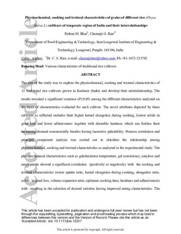 (PDF) Physicochemical, cooking, and textural characteristics of grains of different rice ( O ...