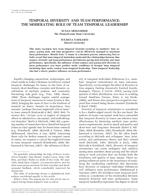 (PDF) Temporal Diversity and Team Performance: The Moderating Role of ...