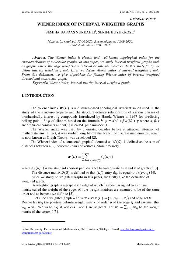 (PDF) Wiener Index of Interval Weighted Graphs