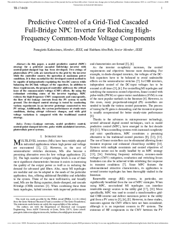 (PDF) Predictive Control of a Grid-Tied Cascaded Full-Bridge NPC Inverter for Reducing High ...