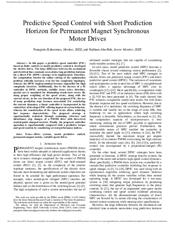 Pdf Predictive Speed Control With Short Prediction Horizon For Permanent Magnet Synchronous
