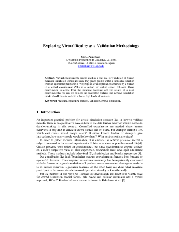 (PDF) Exploring virtual reality as a validation methodology | Nuria Pelechano - Academia.edu