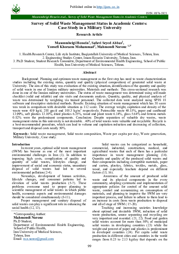 (PDF) Survey of Solid Waste Management Status in Academic Centers: Case ...