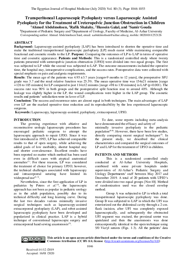 (PDF) Transperitoneal Laparoscopic Pyeloplasty versus Laparoscopic ...
