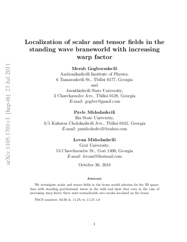 Pdf Localization Of Scalar Fields In The Standing Wave Braneworld