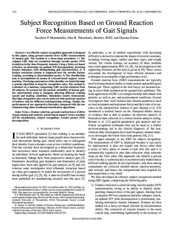 (PDF) Subject Recognition Based on Ground Reaction Force Measurements of Gait Signals