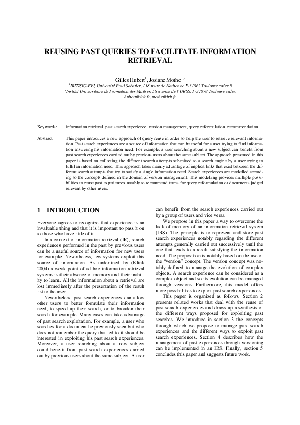(PDF) Reusing Past Queries to Facilitate Information Retrieval