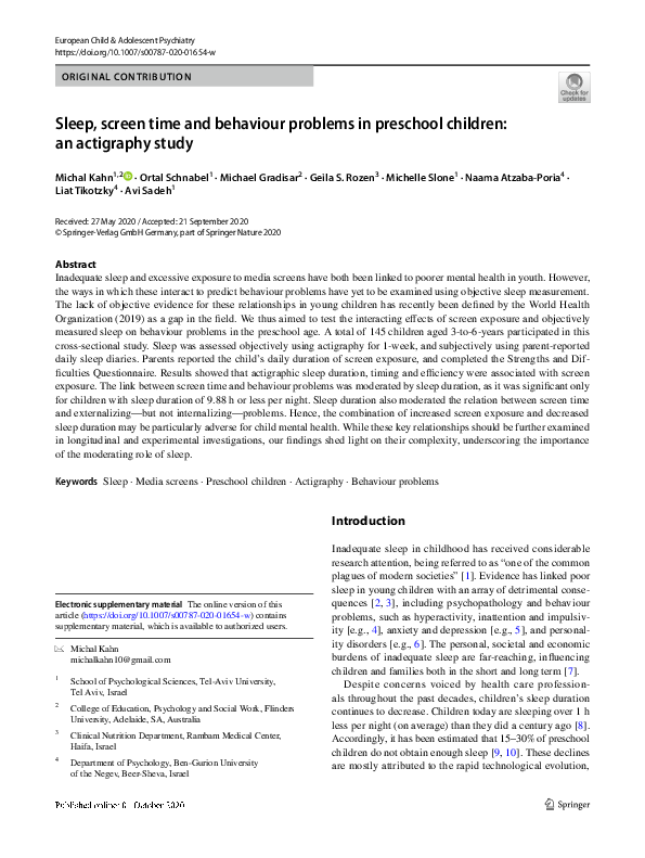 (PDF) Sleep, screen time and behaviour problems in preschool children ...