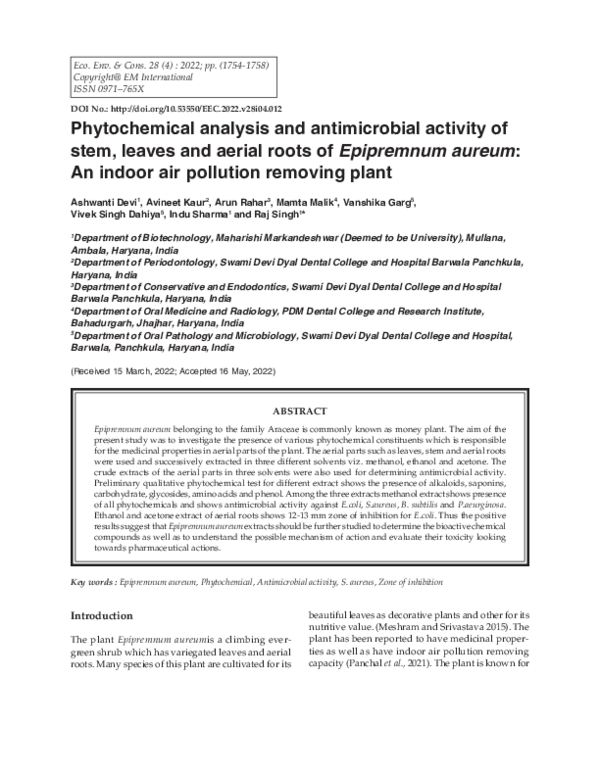 (PDF) Phytochemical analysis and antimicrobial activity of stem, leaves and aerial roots of ...