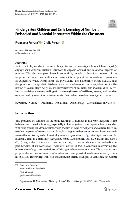 (PDF) Kindergarten Children and Early Learning of Number: Embodied and ...