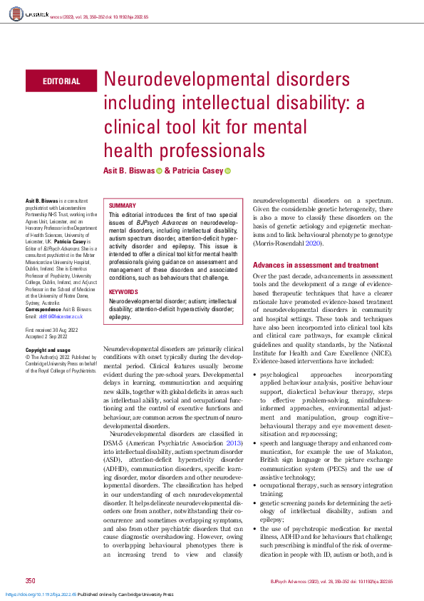 (PDF) Neurodevelopmental disorders including intellectual disability: a clinical tool kit for ...