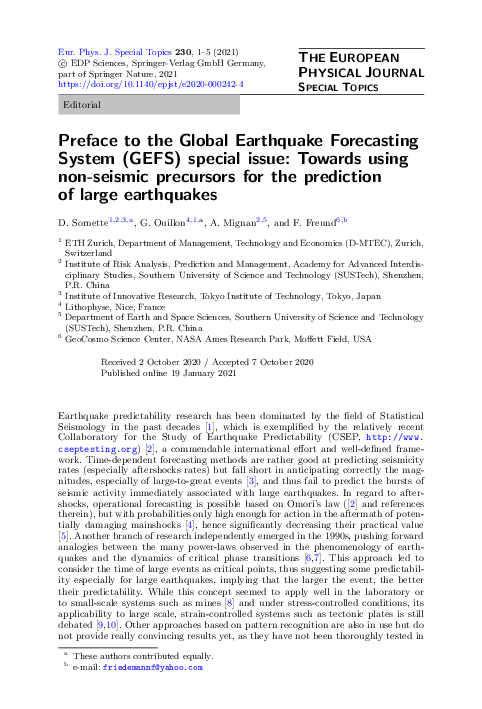 (PDF) Preface to the Global Earthquake Forecasting System (GEFS) special issue: Towards using ...