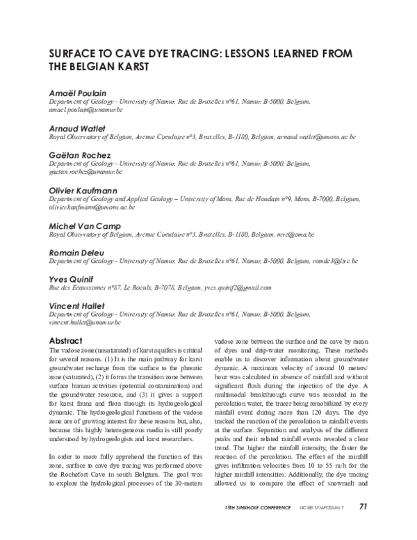 (PDF) Surface to Cave Dye Tracing: Lessons Learned from the Belgian Karst