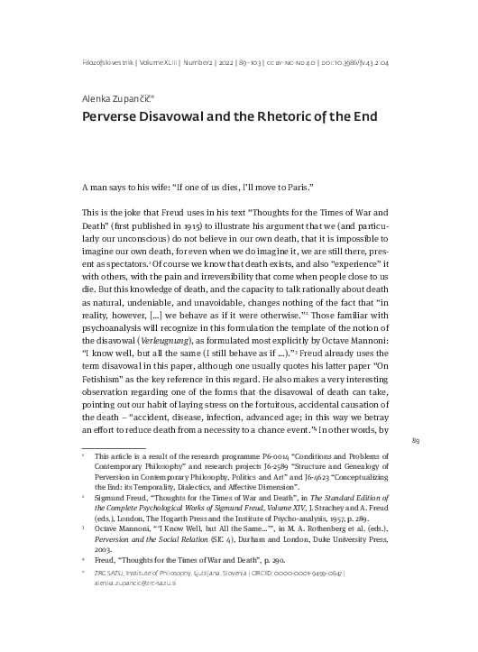 (PDF) Perverse Disavowal and the Rhetoric of the End | Alenka Zupancic ...