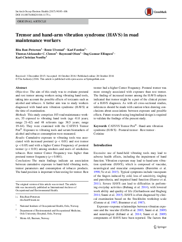 (PDF) Tremor and hand-arm vibration syndrome (HAVS) in road maintenance ...