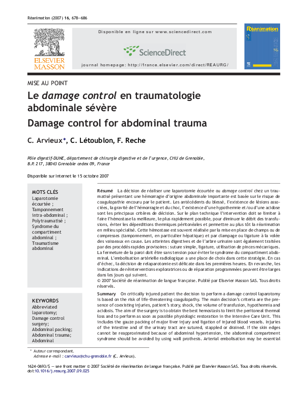 (PDF) Le damage control en traumatologie abdominale sévère