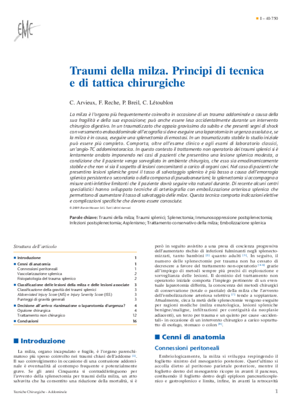 (PDF) Traumi della milza. Principi di tecnica e di tattica chirurgiche