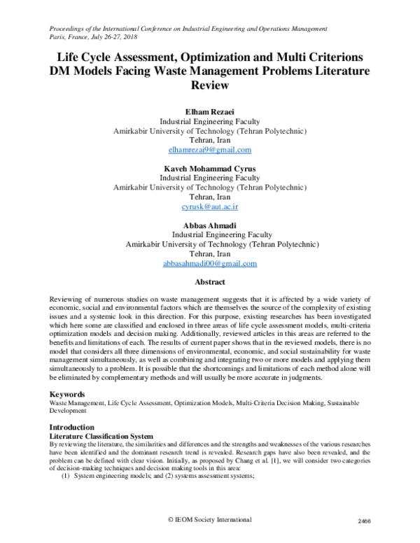 (PDF) Life Cycle Assessment , Optimization and Multi Criterions DM ...