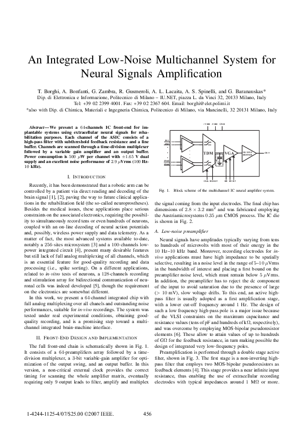 (PDF) An integrated low-noise multichannel system for neural signals amplification