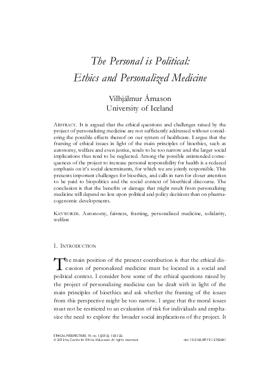 (PDF) The personal is political: Ethics and personalized medicine