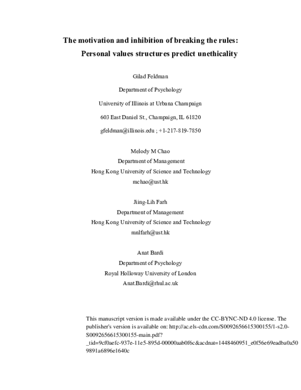 (PDF) The motivation and inhibition of breaking the rules: Personal ...
