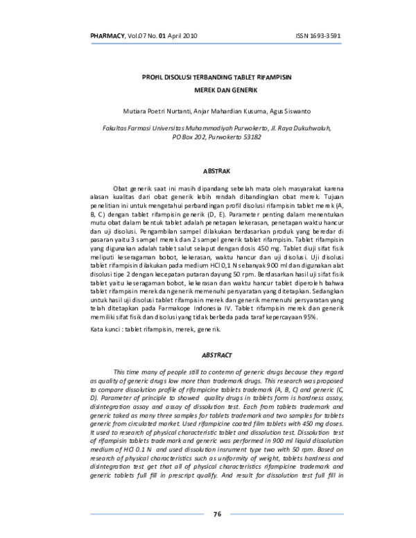 (PDF) Profil Disolusi Terbanding Tablet Rifampisin Merek Dan Generik