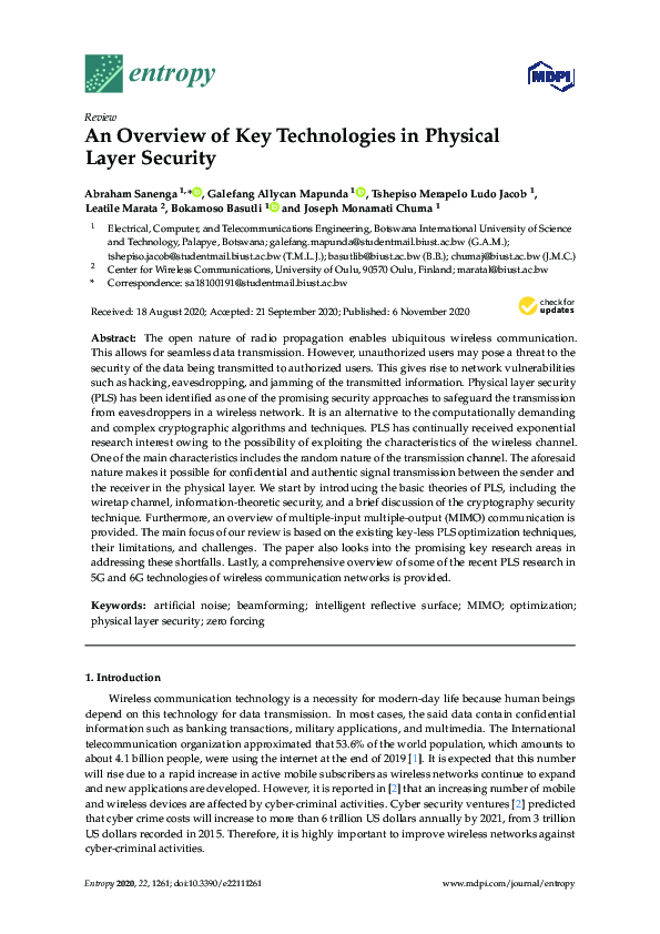 (PDF) An Overview of Key Technologies in Physical Layer Security