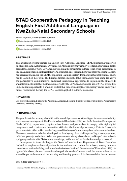 (PDF) STAD Cooperative Pedagogy in Teaching English First Additional ...