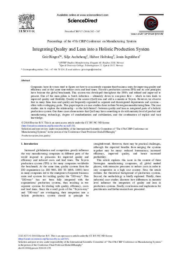 (PDF) Integrating Quality and Lean into a Holistic Production System