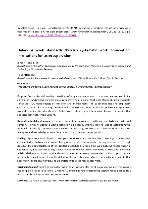 (PDF) Systematic Work Observation for Continuous Improvement in Teams