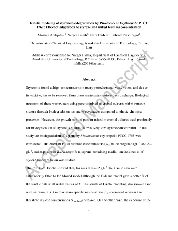 (PDF) Kinetic Modeling of Styrene Biodegradation byRhodococcus erythropolisPTCC 1767: Effect of ...