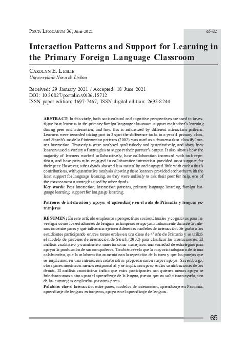 (PDF) Interaction patterns and support for learning in the primary foreign language classroom