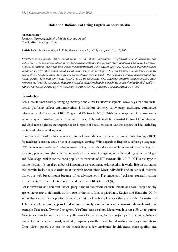 (PDF) Roles and Rationale of Using English on social media