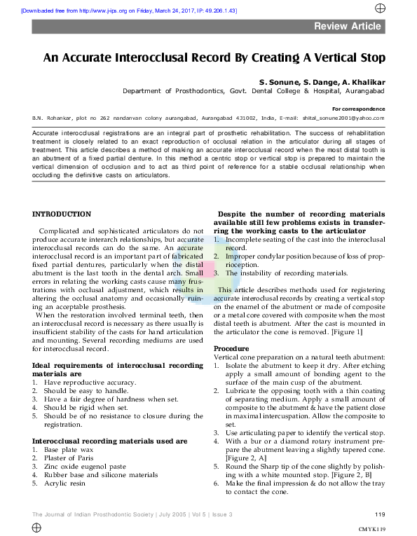 (PDF) An accurate interocclusal record by creating a vertical stop