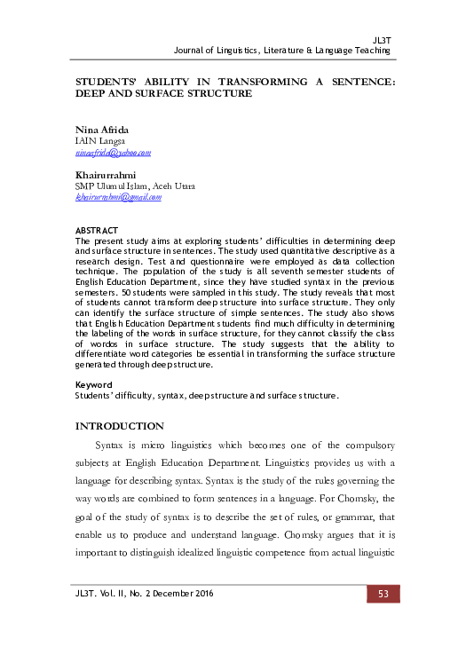(PDF) Students’ Ability in Transforming a Sentence: Deep and Surface ...