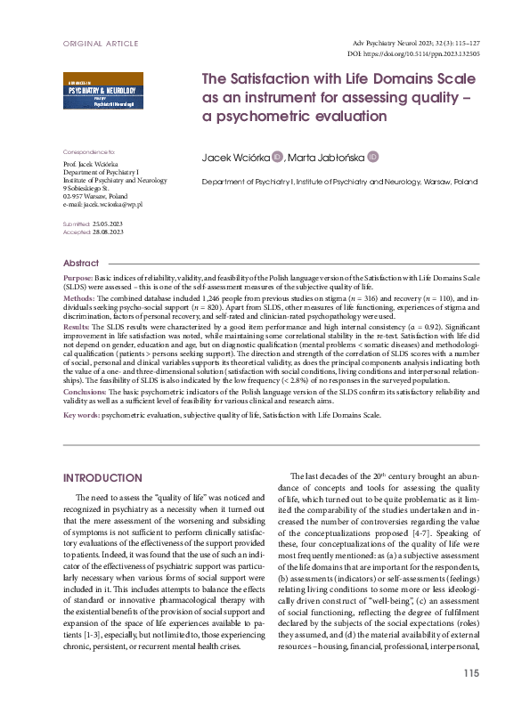(PDF) The Satisfaction with Life Domains Scale as an instrument for ...
