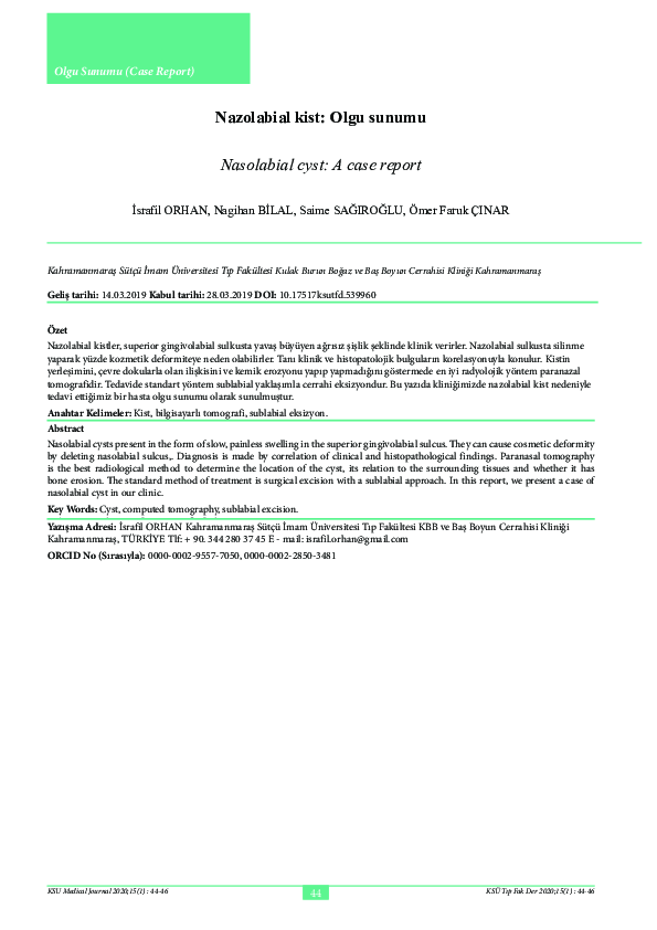 (PDF) Nazolabial kist: Olgu sunumu