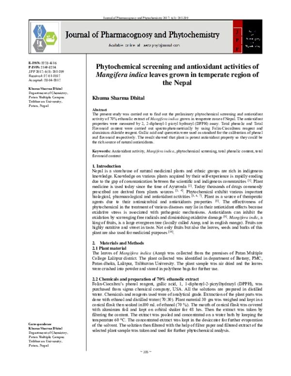 (PDF) Phytochemical screening and antioxidant activities of Mangifera indica leaves grown in ...