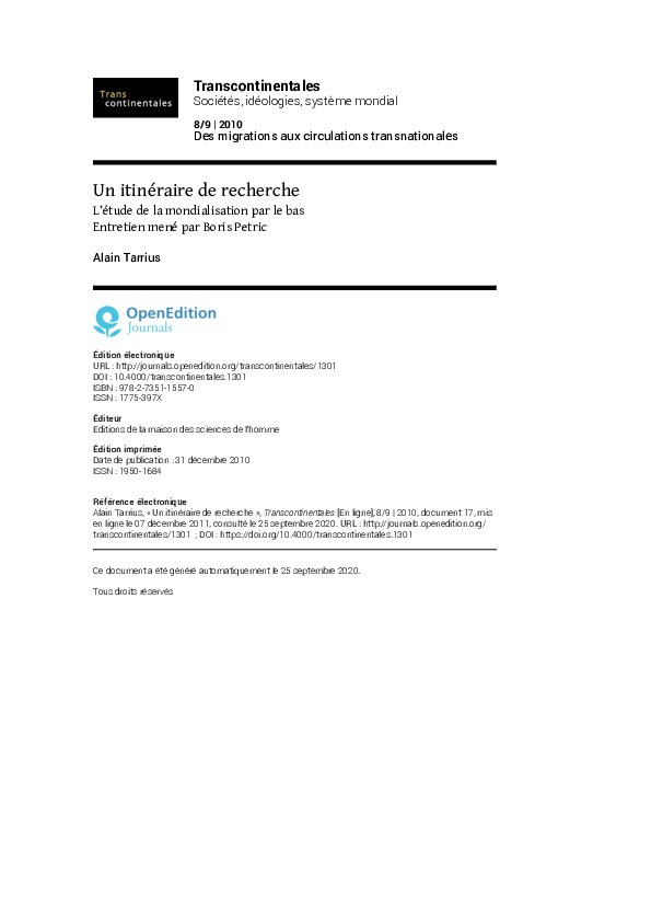 (PDF) Un itinéraire de recherche. L’étude de la mondialisation par le ...