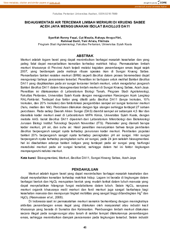 (PDF) Bioaugmentasi Air Tercemar Limbah Merkuri DI Krueng Sabee Aceh ...