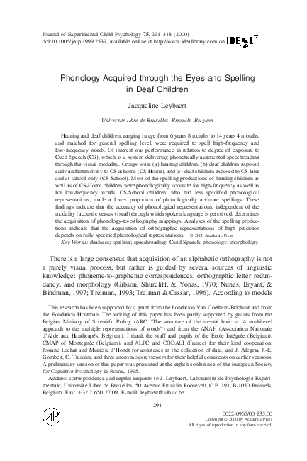 (PDF) Phonology acquired through the eyes and spelling in deaf children