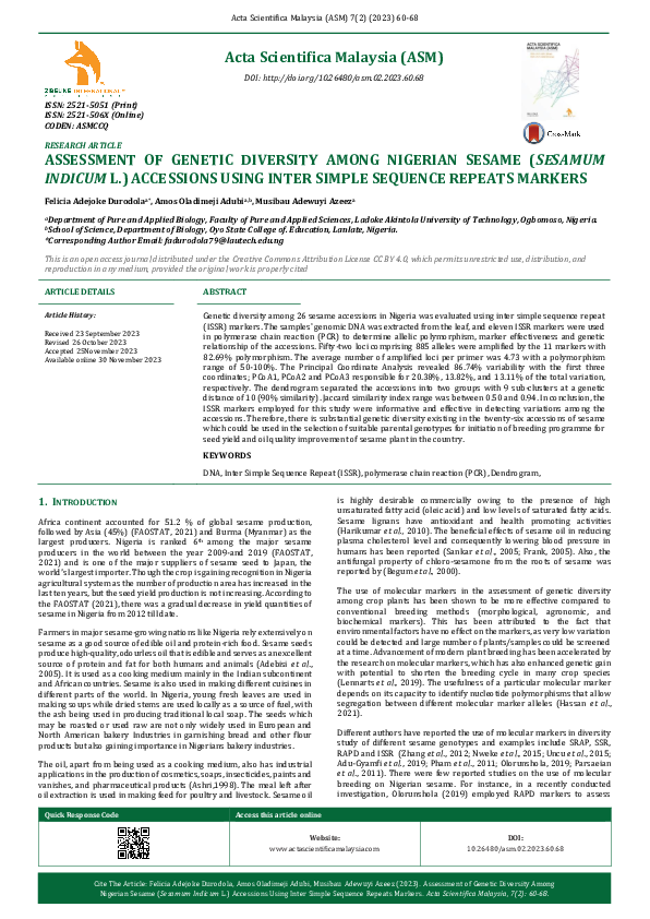 (PDF) ASSESSMENT OF GENETIC DIVERSITY AMONG NIGERIAN SESAME (SESAMUM ...